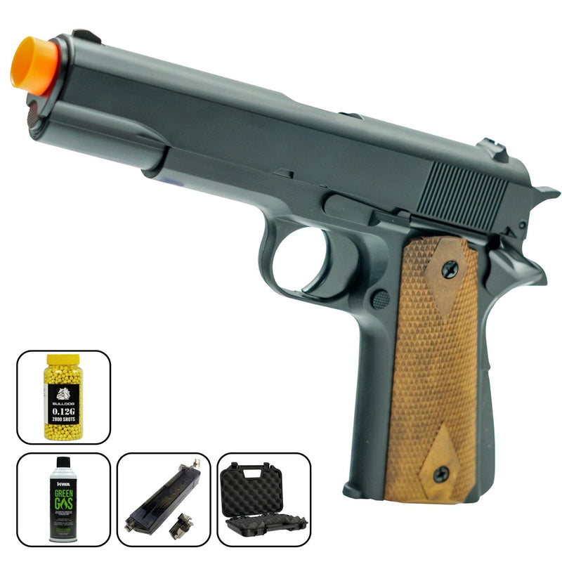 HFC 1911 Gas Airsoft Pistol bundle with BBs, Gas, Case & Loader